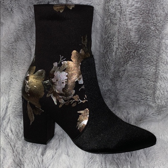 Shoes | Black Floral Printed Ankle Bootie Sock Boots | Poshmark